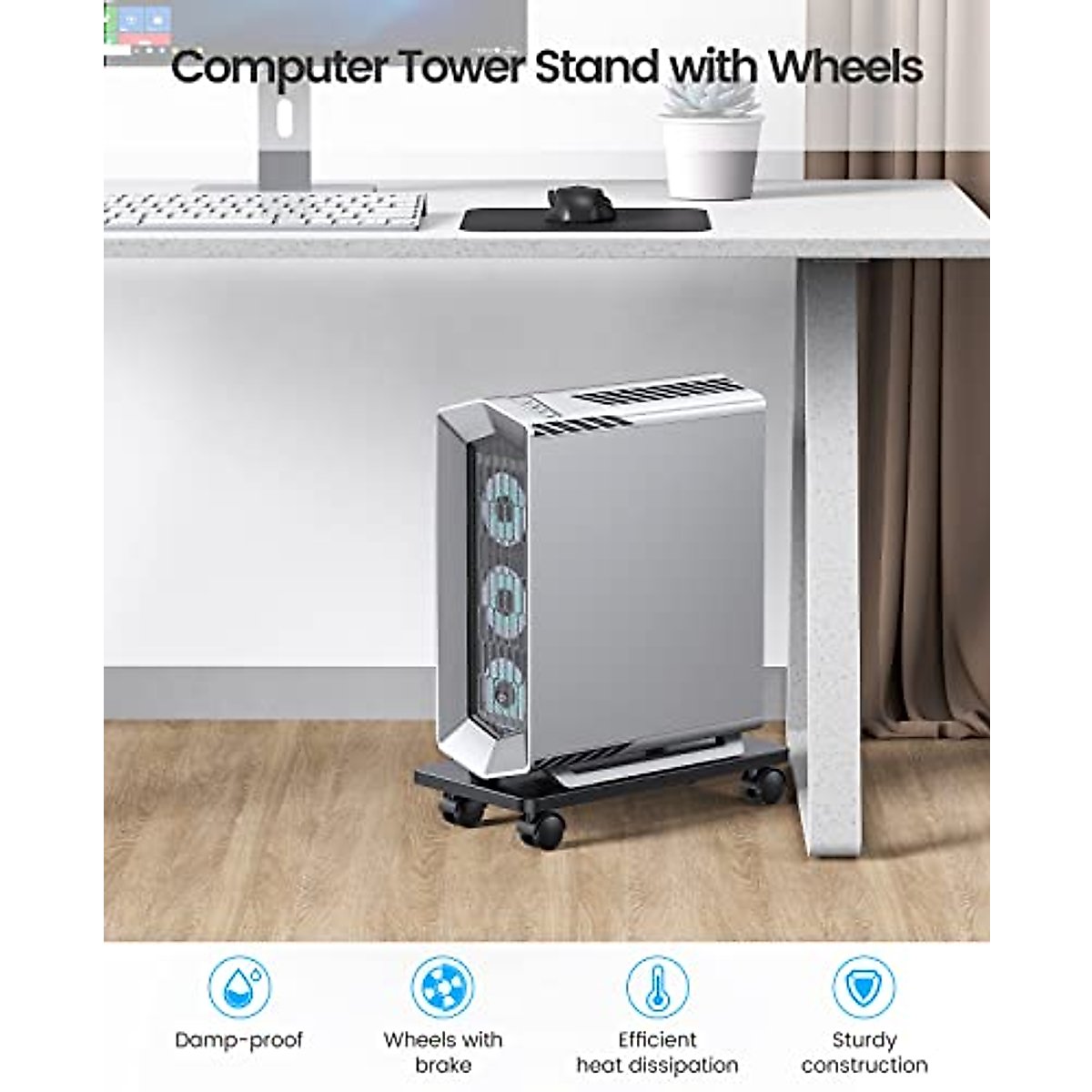 Metal Computer Tower Stand, ORICO Mobile CPU Holder, 4 Caster Wheels Computer Tower Stand Carts on Carpet Fits for Most Computer Tower, Gaming PC, PC Holder, ATX Case（Black, 16.14 * 8.38 * 0.78inch）