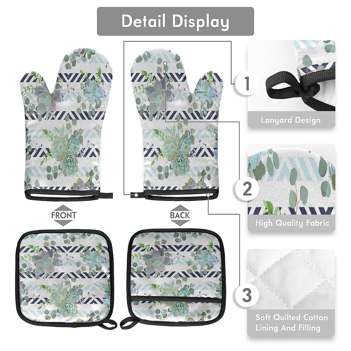 Plant Green Flowers Oven Mitts and Pot Holders Sets of 2 Heat Resistant Non-Slip Kitchen Gloves Hot Pads with Inner Cotton Layer for Cooking BBQ Baking Grilling