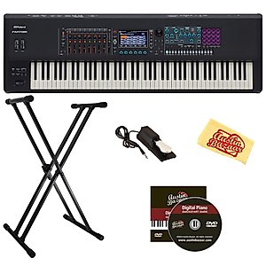Roland Fantom-08 Synthesizer Keyboard - Bundle with Double Braced X-Style Keyboard Stand, Sustain Pedal, Instructional DVD, Online Piano Lessons, and Austin Bazaar Polishing Cloth