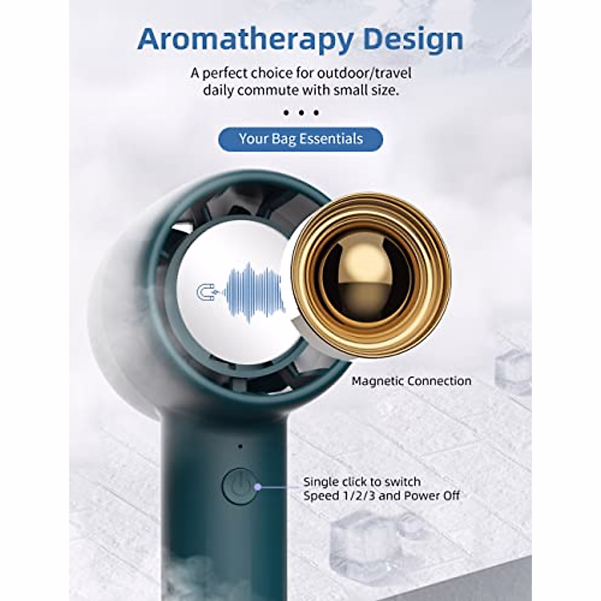 KENSUKA Portable Handheld Fan with Aromatherapy HA1, Personal USB Rechargeable Mini Turbo Fan with 3 Speed Adjustable and Desk Base, Pocket Hand Fans for Women, Travel, Makeup, Outdoor, Indoor.