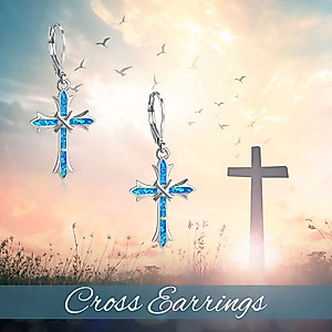 ONEFINITY Opal Cross Earrings Sterling Silver Cross Dangle Drop Earring Cross Leverback Earrings for Women