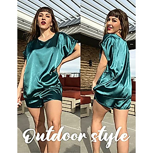 Ekouaer Silk Pajamas for Women Short Sleeve Satin Pj Set 2 Piece Summer Loungewear(Green,Medium)