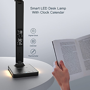 Banrterd Desk Lamp, LED Desk Lamp with Wireless Charger, USB Charing Port, Desk Lamps for Home Office, Dimmable Eye-Protecting Desk Light with Night Light, Digital Alarm Clock, Temperature, Black