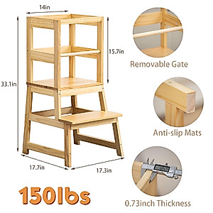 Kitchen Step Stool for Toddlers with Non-Slip Mat, Wood City Wooden Kids Montessori Learning Stool Tower, Toddler Standing Tower Helper for Kitchen Counter and Bathroom Sink.