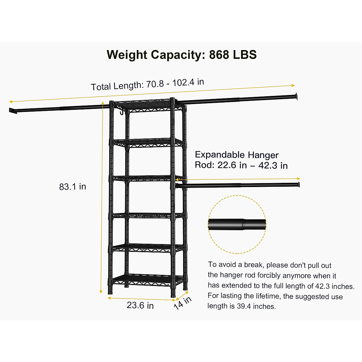 Ulif M5 Wall Mounted Clothes Garment Rack, Heavy Duty Closet Storage and Organizer System with 6 Shelves and 3 Expandable Hanger Rods, Space Saver Suit (46.2-102.4)"W x 14"D x 83.1"H, Black