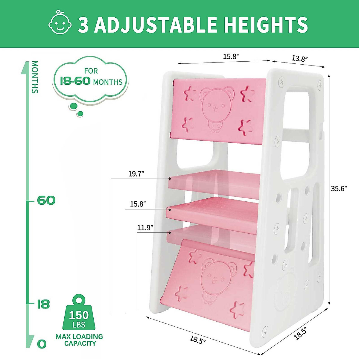 Nursery Kitchen Step Stool w/ 3 Adjustable Heights Toddler Standing Tower Kids Learning Stool w/Double Safety Rails & Non-Slip Foot Pads Cooking Stool Stand Helper Bathroom Counter Footstool (Pink)