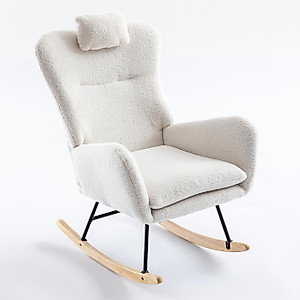 Lepfun 35.5 inch Casual, Soft Teddy Velvet Fabric Rocking Chair for Nursery,Comfy Wingback Glider Rocker with Safe Solid Wood Base for Living Room Bedroom and Balcony,White