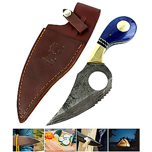 The Bone Edge 7.5 Damascus Blade Hunting Tactical Survival Fixed Blade Knife Blue Handle Leather She by Survival Steel
