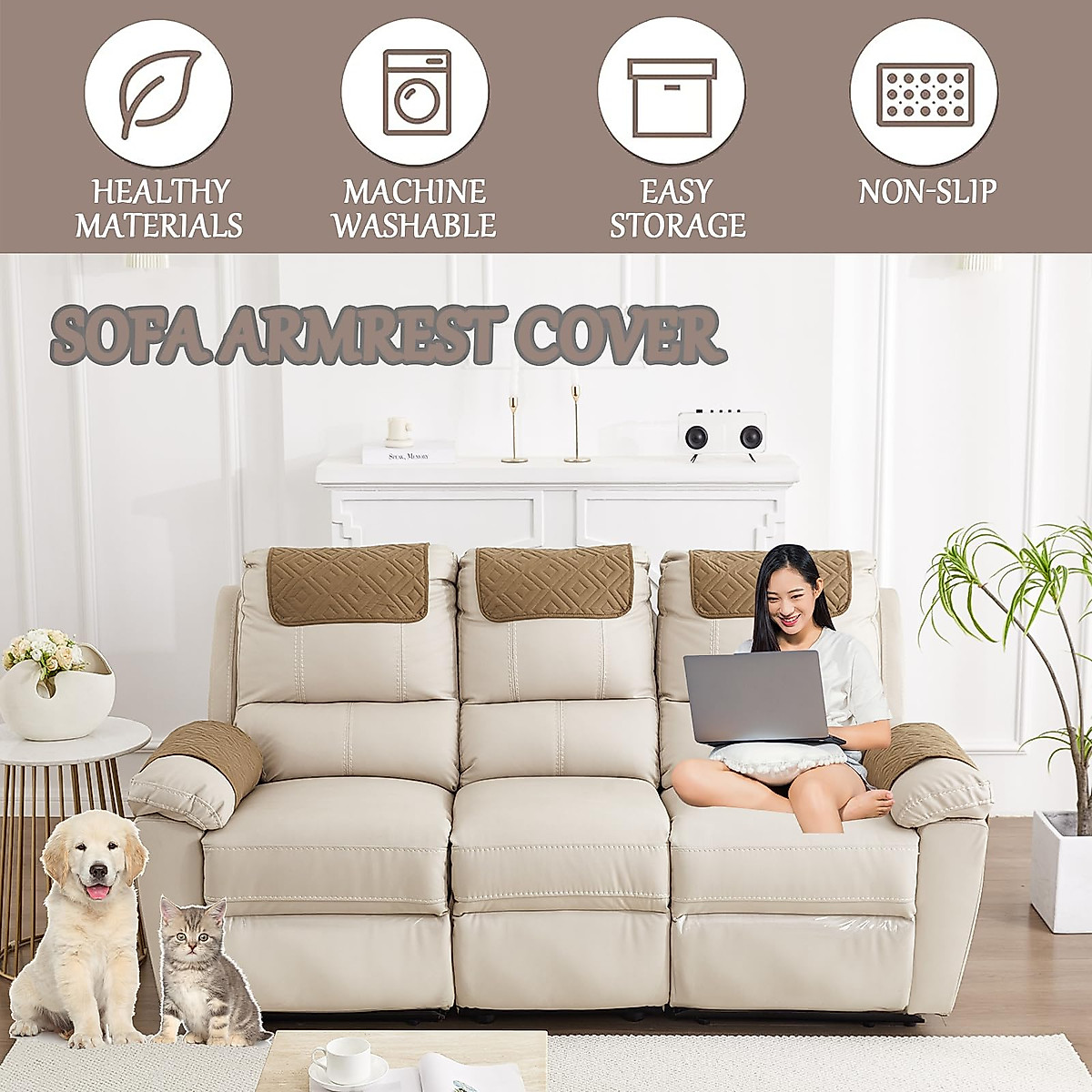 Sofa Armrest Cover, Headrest Cover for Recliner Chair Arm Cover, Armchair Slipcover with Pockets, Nonslip Quilted Furniture Protector for Pets Leather Sofa Couch (Khaki(Style B),3 Seater(5pcs))