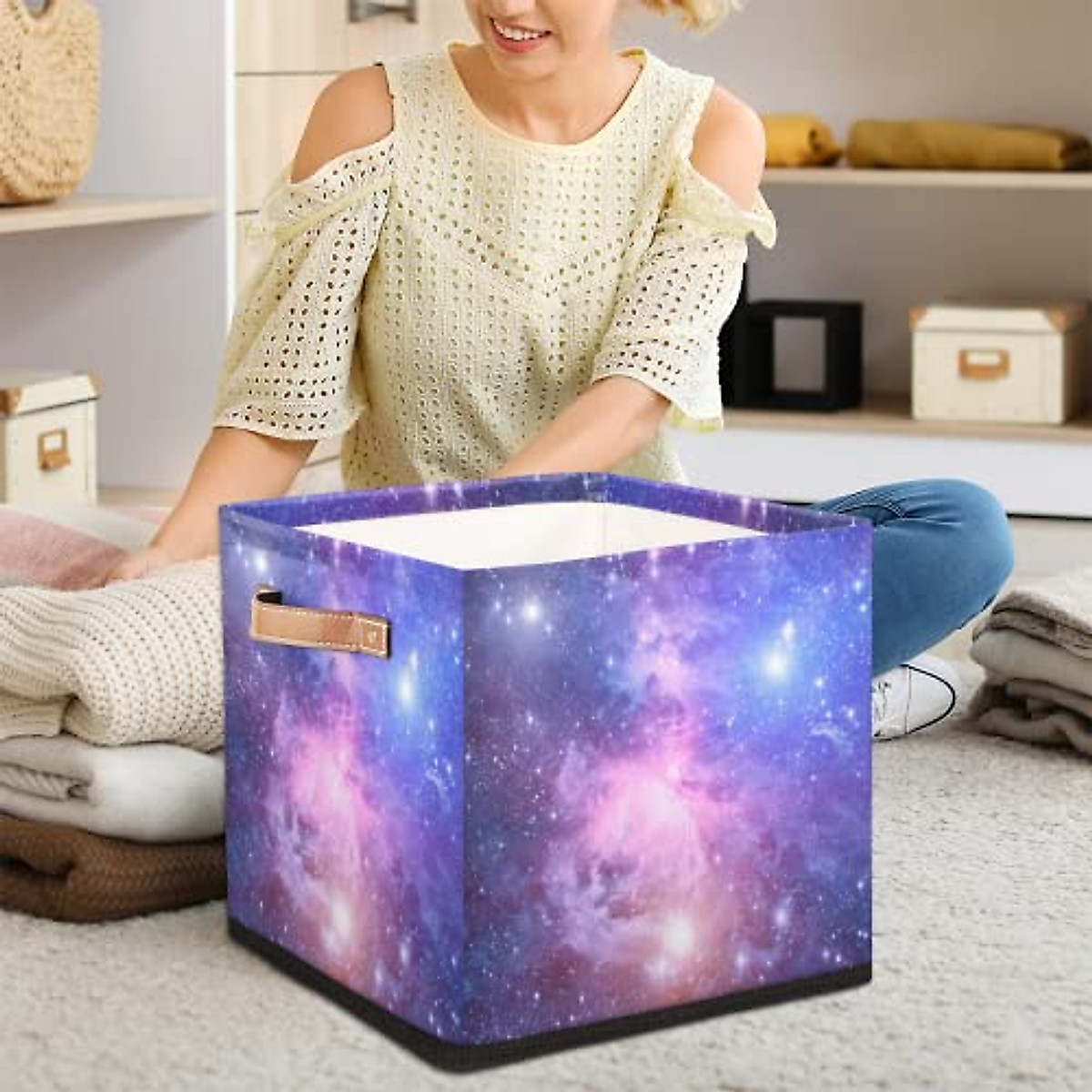 Cube Storage Bins 13 Inch Fabric Storage Basket Galaxy Star Square Storage Bins Collapsible Nursery Storage Bin Organizer Basket Universe Storage Box for Shelves, Closet