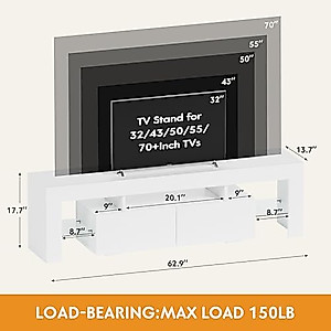 YESHOMY Modern LED TV Stand for Televisions up to 70 Inch with Glass Shelves and Drawer, Gaming Entertainment Center with Multiple Dynamic RGB Modes, for Livingroom, Bedroom, 60 Inch, White