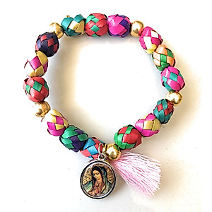 Made in Mexico Our Lady of Guadalupe colored palm Bracelet with prayer Pulsera de palma con dije de Virgen de Guadalupe