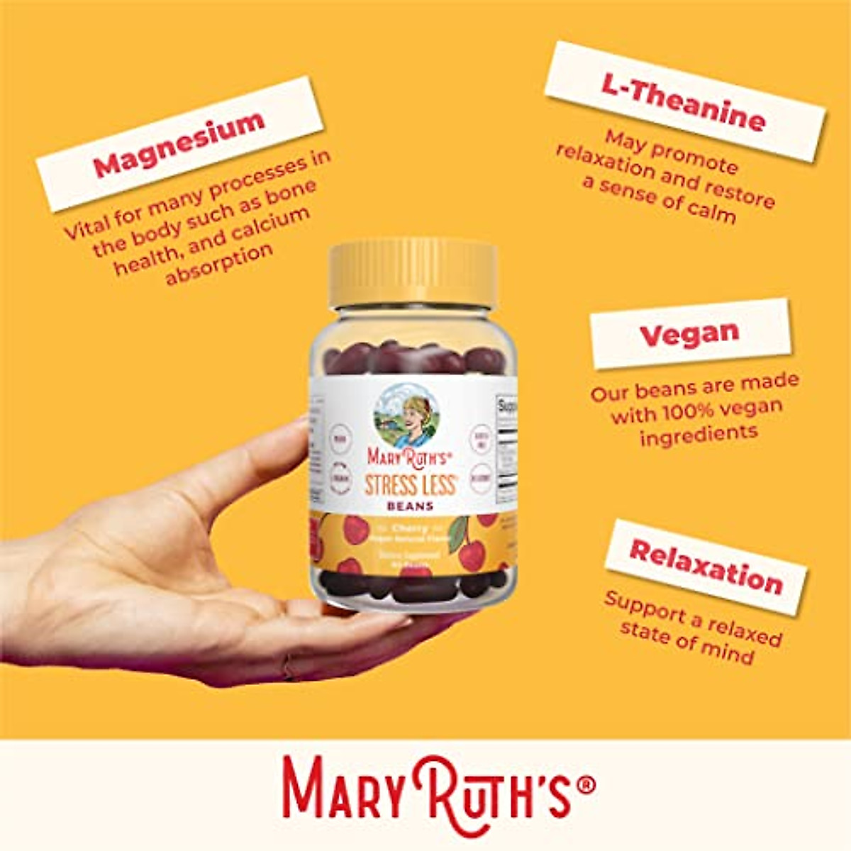 MaryRuth's Stress Relief Vita-Beans for Adults | Made with Magnesium Citrate & L-Theanine | Natural Calm, Relaxation, Stress and Mood Support Supplement for ages 14+ | Vegan | Non-GMO | 60 Count