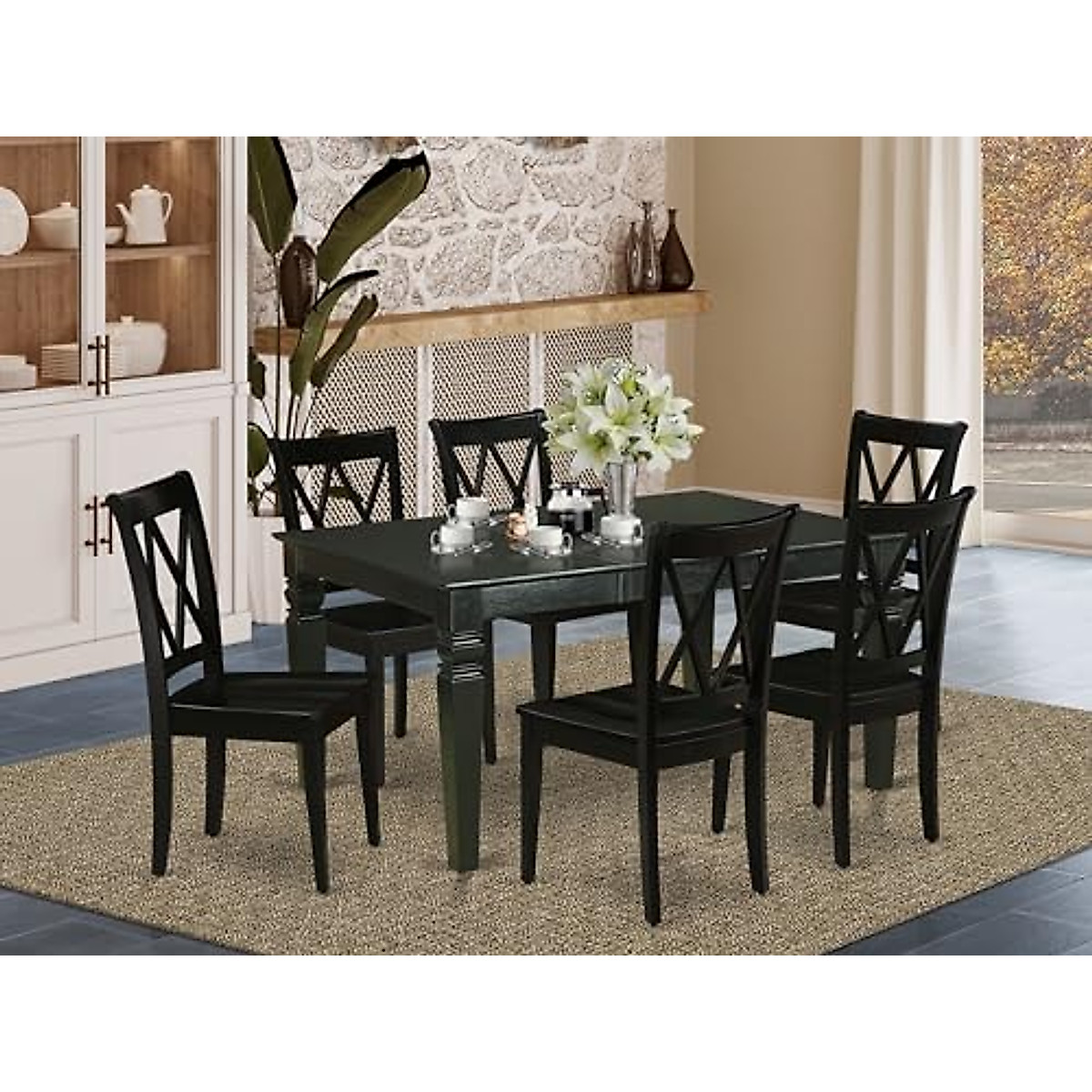 East West Furniture WECL7-BLK-W 7 Piece Kitchen Table & Chairs Set Consist of a Rectangle Dining Room Table with Butterfly Leaf and 6 Dining Chairs, 42x60 Inch, Black