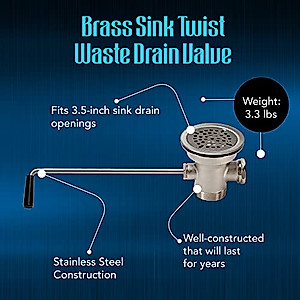 STEADYKLEEN - Brass Sink Drain Valve with Twist Handle, Comes with Stainless Steel Kitchen Sink Strainer, Plunger, and Flange, Controls Sink Drain Stopper, Fits 3.5 Inch Commercial Drain Openings.