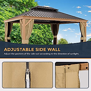 HAPPATIO 12' x 16' Hardtop Gazebo, Outdoor Wood Grain Frame Aluminum Gazebo, Double Roof Permanent Patio Gazebo Canopy with Netting and Curtains for Garden, Patio, Lawns, Parties (Beige)