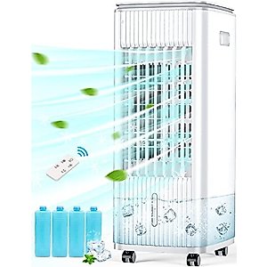 Evaporative Air Cooler, TEMEIKE 3-IN-1 Portable Air Conditioners w/Remote, Cooling Tower Fan w/Humidify, 70° Oscillation & 7H Timer Swamp Cooler, Windowless Evaporative Cooler for Room Bedroom Office