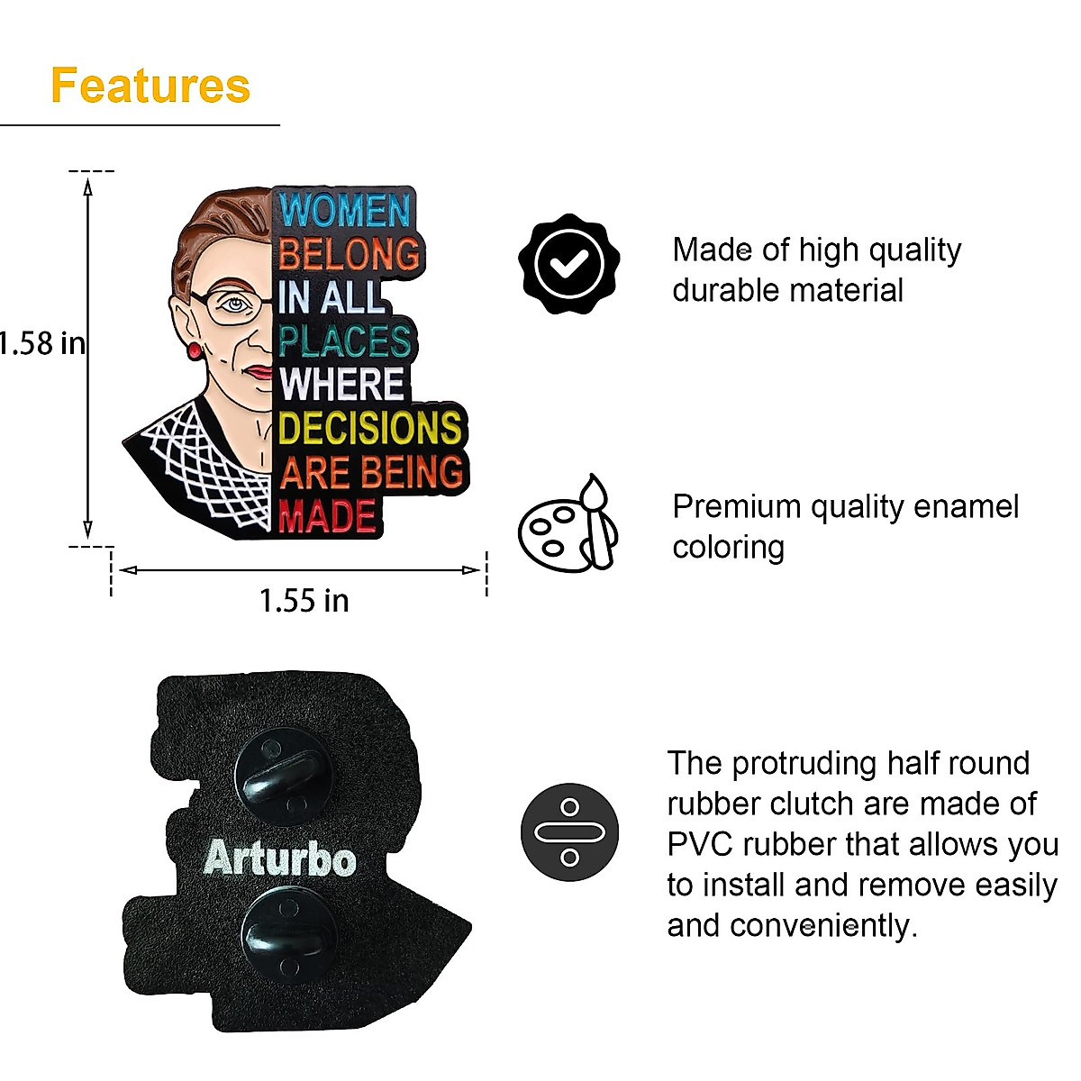 Arturbo for RBG Pin Women Girl Power Feminist Pin Badges Notorious I Dissent Pins for Ruth Bader Ginsburg Justice Lapel Pins Brooch for Clothing Bags Hats Decoration