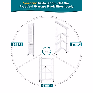 ALANNG Folding Storage Shelves with Wheels, Bookshelf with Storage, No Assembly Metal Rack Shelf for Kitchen, Office, Laundry, Garage (4 Tier, White)