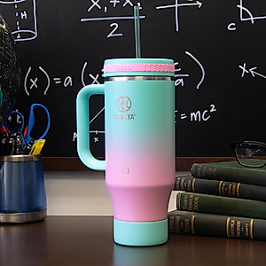 Takeya Straw Tumbler with Handle - Beverage Tumbler for Coffee, Water & More - Durable Tumbler with Built-In Silicone Coaster & 2 Straws - Double Stainless Steel Insulation - 40 oz, Ombre Dream