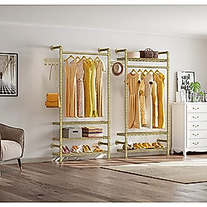 Timate F1 Pipe Clothes Rack Wall Mount Heavy Duty Closet Organizer System Hanging Closet Rack for Clothes, Closet Kit Walk in Closet Systems, Adjustable Storage Closet Shelves Wardrobe Closet, Gold