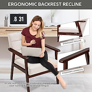Hupmad Mid Century Accent Chair,Single Linen Upholstered Armchair with Solid Wood Frame,Wooden Side Chair Retro Lounge Sofa Leisure Chair for Living Room, Bedroom, Beige