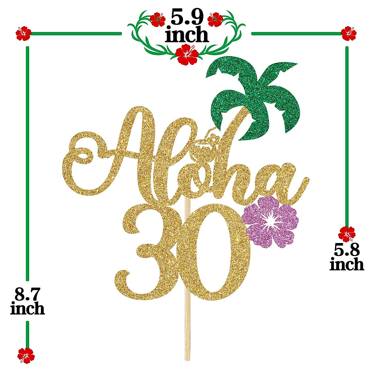 Gold Glitter Aloha 30 Cake Topper, Hello 30/Cheers to 30 Years/Happy 30th Birthday/Anniversay, Tropical Hawaiian Themed 30th Anniversary/Birthday Party Decorations