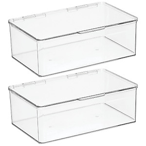 mDesign Plastic Playroom and Gaming Storage Organizer Box Containers with Hinged Lid for Shelves or Cubbies, Holds Small Toys, Building Blocks, Puzzles, Markers, Controllers, or Crayons, 2 Pack, Clear