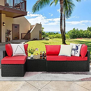 Pretzi 5 Pieces Patio Furniture Sets, Outdoor Sectional Sofa, All Weather Rattan Wicker Couch with Washable Cushions and Glass Table, Patio Conversation Set for Porch Backyard Garden Pool Deck Balcony