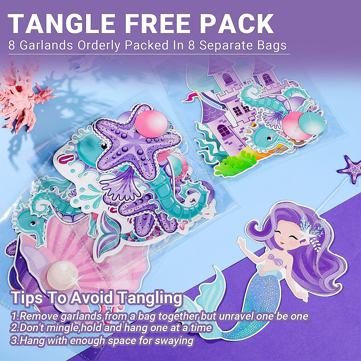 Cindeer 8 Pcs Mermaid Birthday Party Decorations Under The Sea Paper Garland Jellyfish Starfish Hippocampus Ocean Castle Hanging Banner Decor for Girls Mermaid Baby Shower Party Supplies