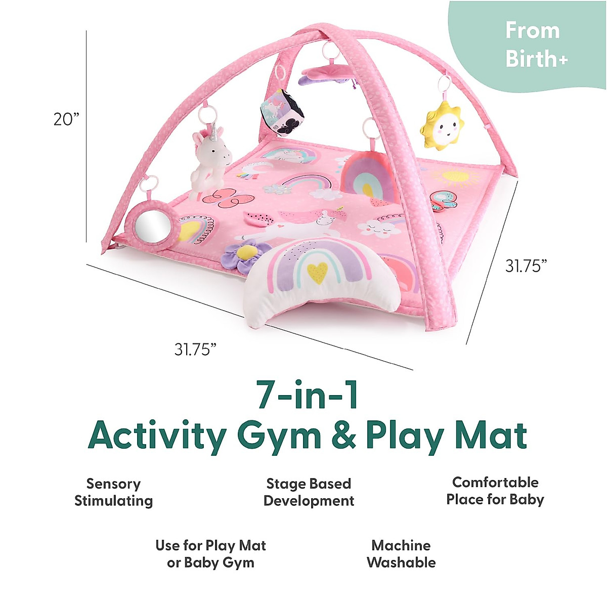 The Peanutshell Baby Girl Play Gym & 7-in-1 Play Mat - Playmat Baby Toys 0-6, 6-12 Months Tummy Time Mat with Hanging Toys, Soft Padded Mat for Newborns, Infants - Rainbow Paradise