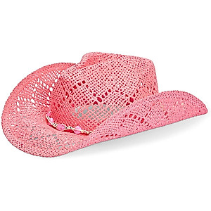 Zodaca Pink Cowboy Hat for Women - Pink Straw Beach Hat, Cute Cowgirl Hat with Beaded Heart Trim and Braided Chain (Adult Size)