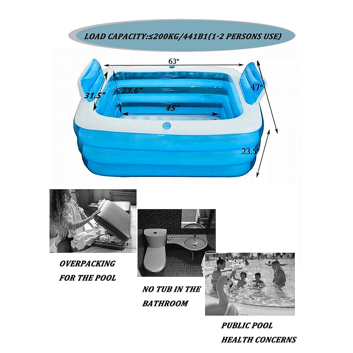 Double Inflatable Bathtub with Electric Air Pump and Bath Pillow Headrest, Portable Blow Up Bath Tub for Adults, Outdoor & Indoor Freestanding Foldable Spa Tub with Drainage Cup Holder