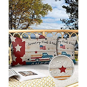 Waterproof Throw Pillow Covers Set of 2 Outdoor Pillowcases Patriotic Stars Rustic Red Truck Car with American Flag Garden Cushion Covers for Patio Tent Garden 20 x 12 Inch