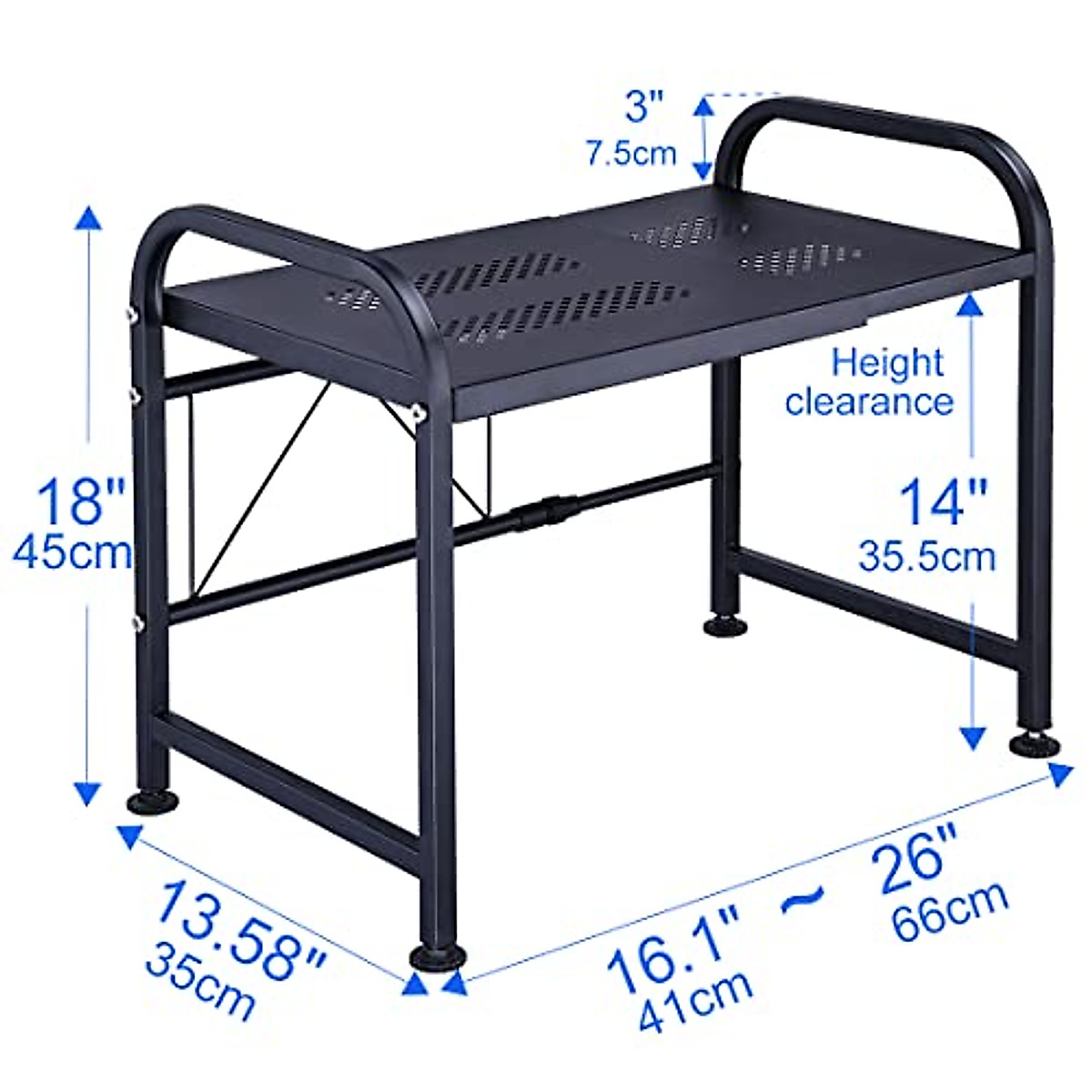 Expandable Microwave Shelf Rack Unit Kitchen Storage Stand Countertop Organizer w/ 4 Hooks 2-Tier Steel (L16.1"~26"x Depth13.58"x Height Clearance 14") for Toaster, Max Load 83lbs, Matte Black