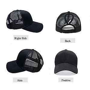 LONGTEN Womens Mesh Baseball Cap Ponytail Vintage Ponycaps Cotton Summer Sun Hat Sports Peaked Cap A-Black