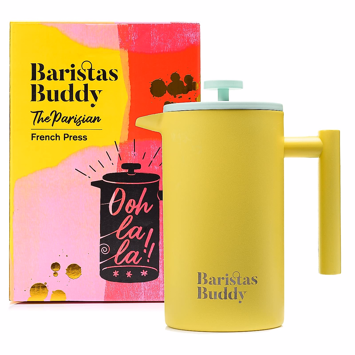 BaristasBuddy Yellow French Press Coffee Maker - Colorful, Retro And Stylish Insulated Coffee Brewer - Large Size Brews 4 Cups