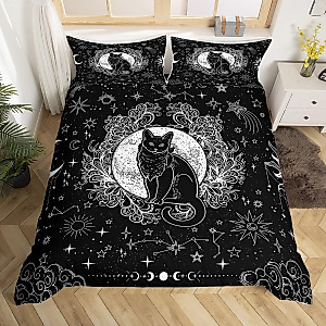 Mysterious Cat Bedding Set Twin Size 2 Pcs,Boho Exotic Tribal Abstract Art Duvet Cover for Kids Teens Bed Comforter Cover Set,Full Moon Galaxy Starry Duvet Cover Set for Home Decoration(No Filler)