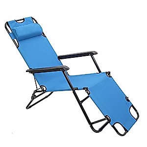 Outdoor Chaise Lounge Chair, Portable Dual Purposes Extendable Folding Reclining Chair for Outside Patio Beach Sunbathing Tanning Pool, Camping Reclining Chair with Shoulder Strap and Pillow, Blue