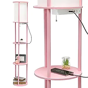 Simple Designs LF2010-LPK 62.5" Round Modern Shelf Etagere Organizer Storage Floor Lamp with 2 USB Charging Ports, 1 Charging Outlet and Linen Shade for Living Room Bedroom Office, Light Pink