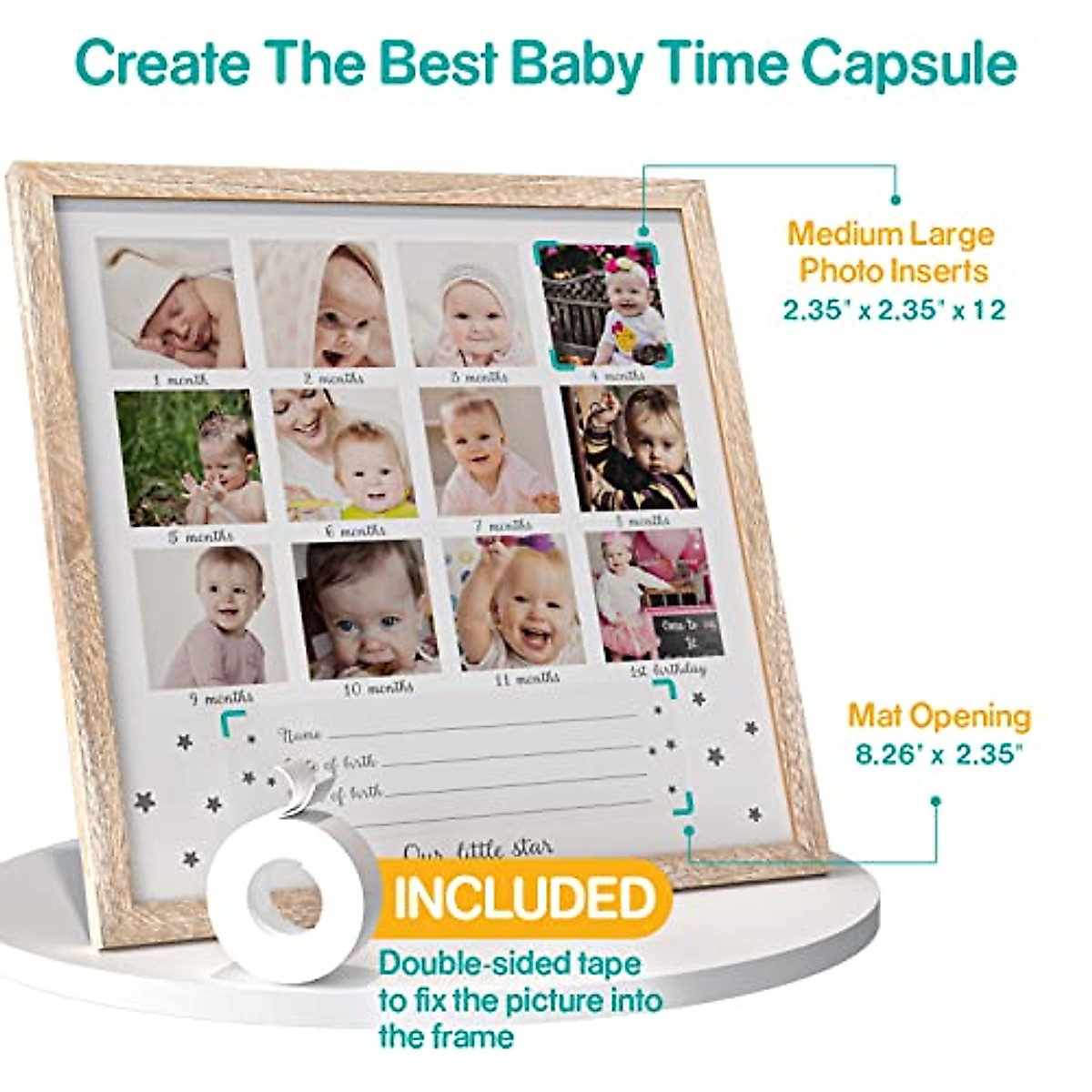 1Dino My First Year Baby Keepsake Picture Frame - 13.2"x 13.2" Rustic Wood Baby Frame Hold 12 Months Photo Inserts - Newborn Baby Registry, Shower Gift for Boys and Girls, Wall or Desk Nursery Decor