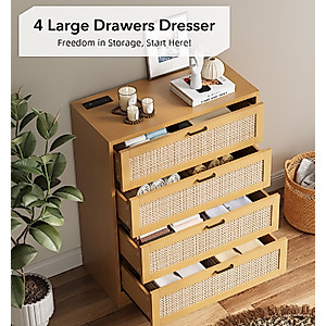 GarveeHome 4 Drawer Dresser Rattan Dresser, Tall Chest of Drawers, Wood Dresser for Bedroom, Closet, Living Room, Hallway