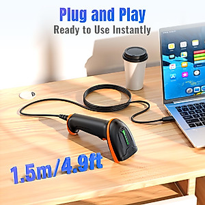 Tera Upgraded USB 2D QR Barcode Scanner Wired, Officially Certified Dustproof Shockproof Waterproof IP65 Ergonomic Handle Fast and Precise Scan for Windows Linux Plug and Play Model D5100Y