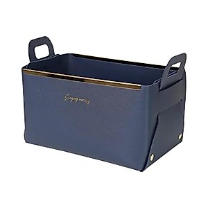 Foldable Basket Organizers and Storage,Small Storage Bin with Handles,Faux Leather Decorative Tray for Bath,Vanity,Entryway (Navy)