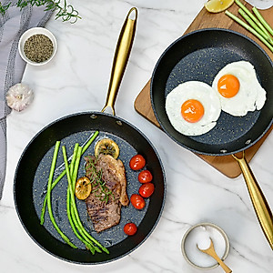 diig Non Stick Frying Pans Set, 9.5 & 11 Inch Granite Coating Fry Pan Skillet Sets for Cooking, 2 PCS Stainless Steel Handle Chef’s Pan, Stove Top Induction, Oven Dishwasher Safe 24cm, 28cm, Black