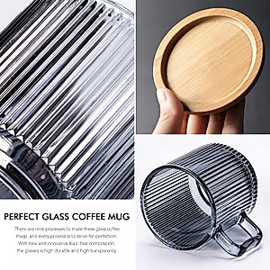 Leadiy Pink Glass Coffee Mug with Lid, Clear Glass Coffee Cups, Classical Vertical Stripes Coffee Mugs for Latte Juice Tea 12.5 Ounces