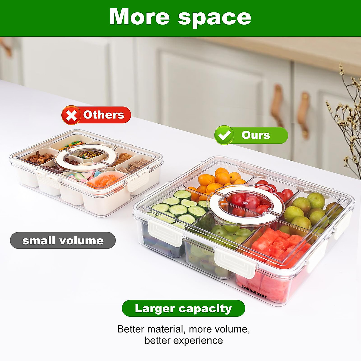 Divided Serving Tray with Lid & Handle, BPA-free Food Storage Container, Snack Box, 6 Compartment Snack Containers, Fruit Storage Containers for Fridge,Storage Organizer For Veggie,Fruit,Candy,Nuts