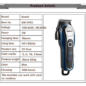 KEMEI 5-Star Rechargeable Razor Professional Hair Trimming Multigroom Beard Trimmer Kit for Face, Head, Body Hair Styling and Grooming LED Display with Stainless Steel Metal Housing Cordless/Cord…