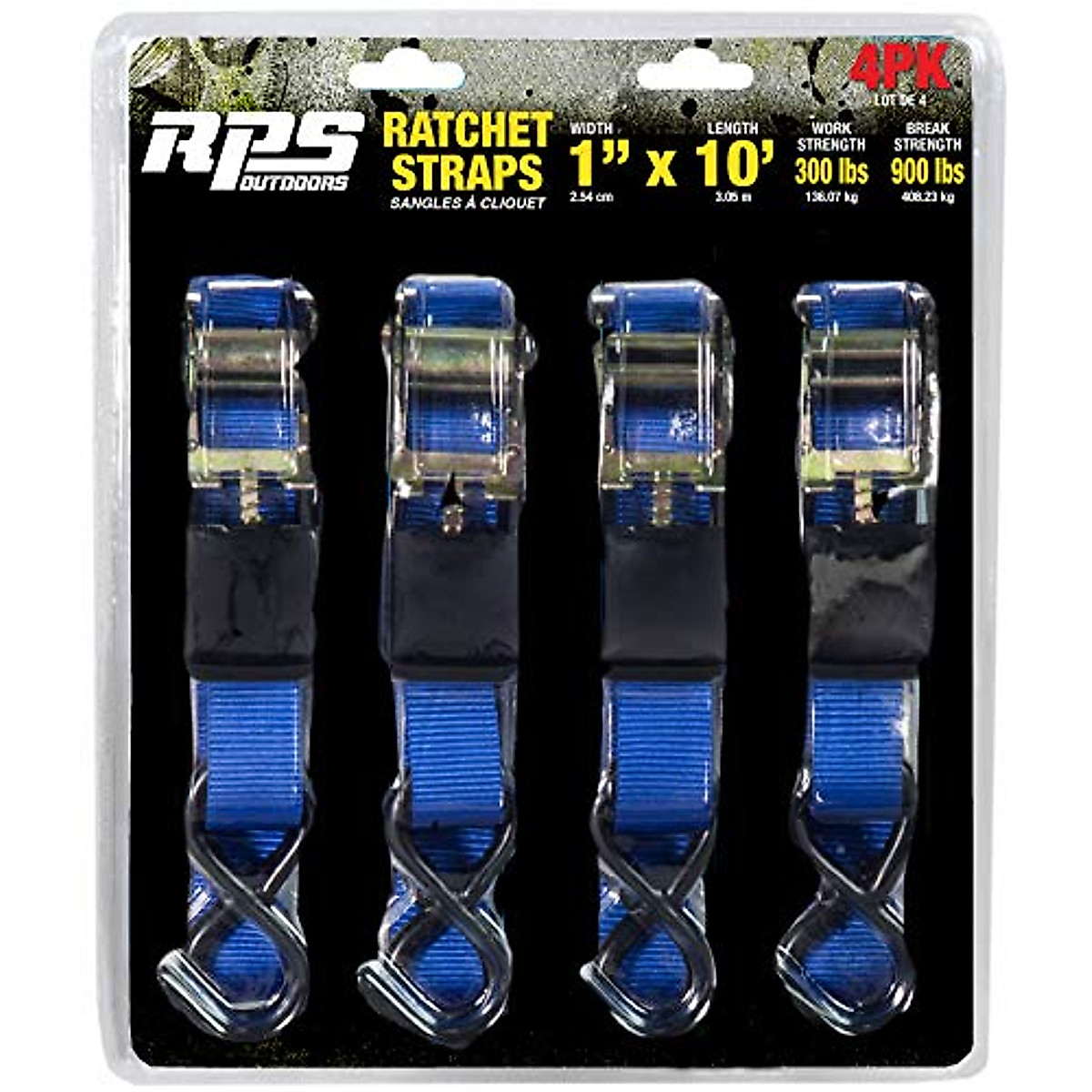 RPS Outdoors TOW-333 Blue 1" x 10' Ratchet Tie Down Straps (900 lb Break Strength), 4-Pack