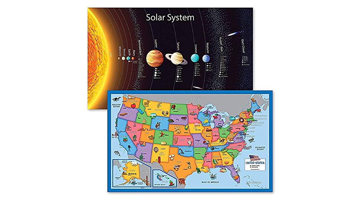 Palace Learning 2 Pack Solar System & USA Map Posters for Kids